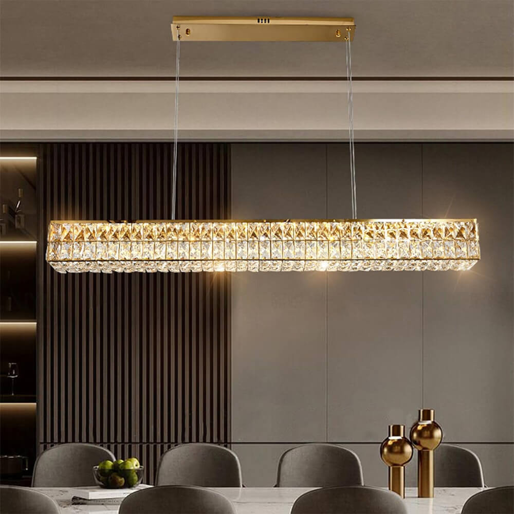 Liora Luxury Modern Gold Brass Crystal Rectangular Chandelier for Dining Room & Kitchen Island ...