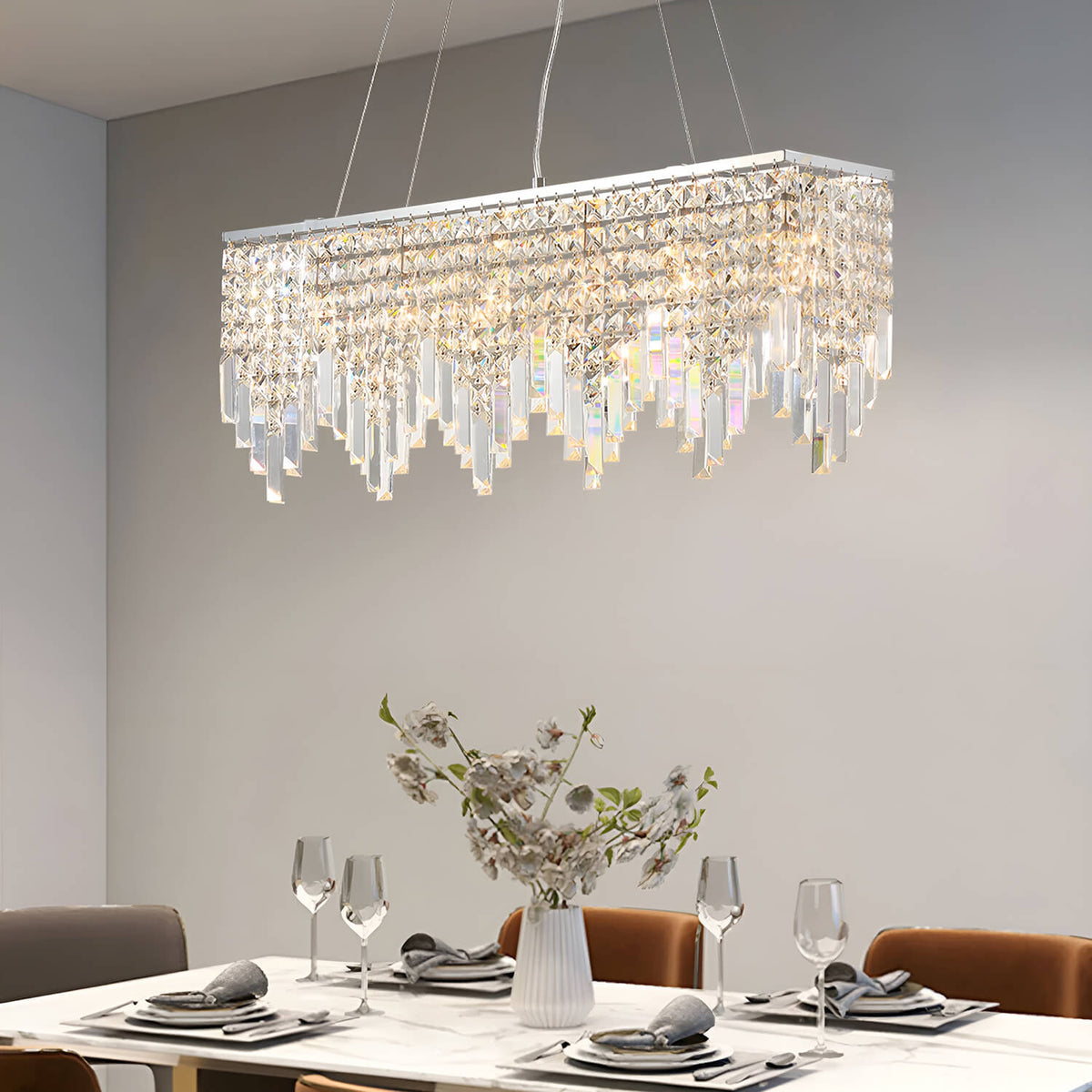Rectangular Linear Design Crystal Chandelier for Dining Room | Sofary Lighting