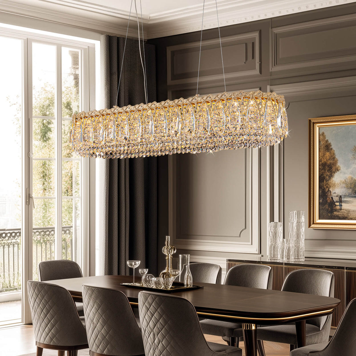 Regalia Luxury Modern Gold Brass Crystal Rectangular Chandelier for Dining Room & Kitchen Island ...