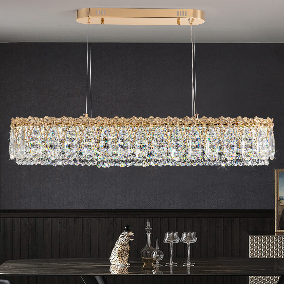 Regalia Luxury Modern Gold Brass Crystal Rectangular Chandelier for Dining Room & Kitchen Island ...