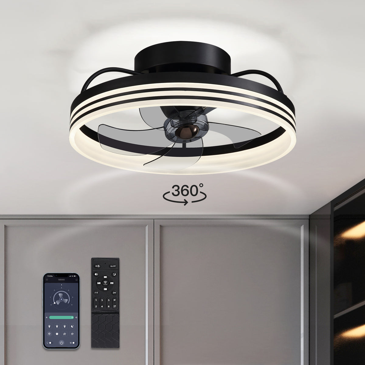 Oris 19.7" Modern 360° Oscillating LED Black/White Ceiling Fan With ...
