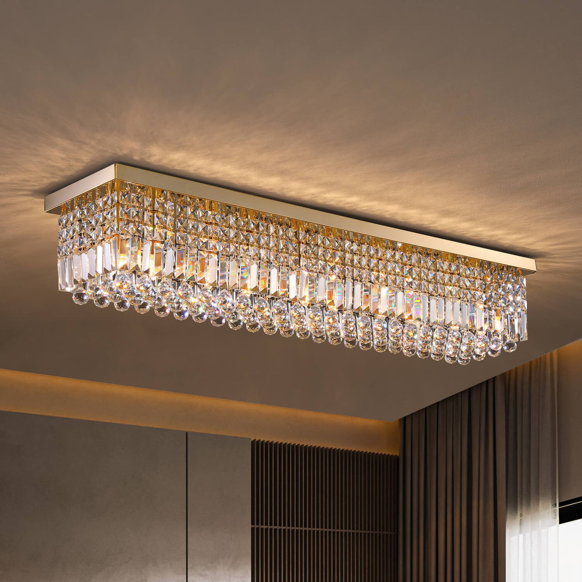 Orlina Luxury Modern Gold Brass Raindrop Crystal Rectangular Flush ...