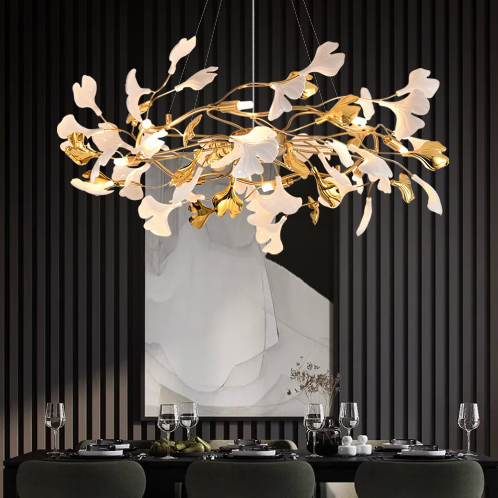 Luxury 8-Light Art Deco Ginkgo Leaves Chandelier White & Gold Metal ...