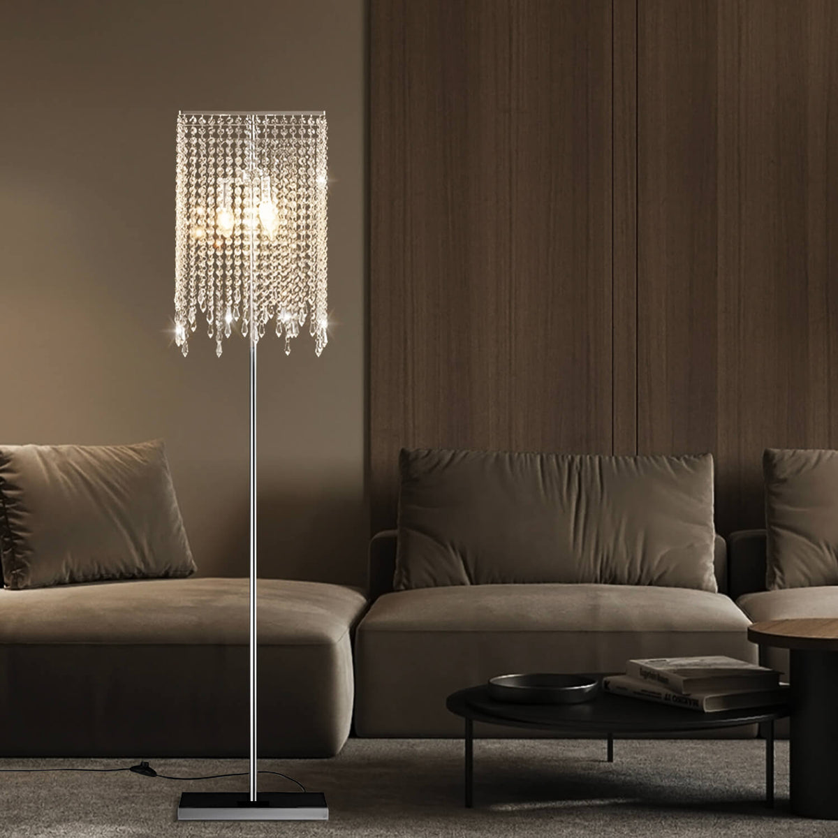 Modern Crystal Silver Floor Lamp with Elegant Vertical Raindrop Square ...