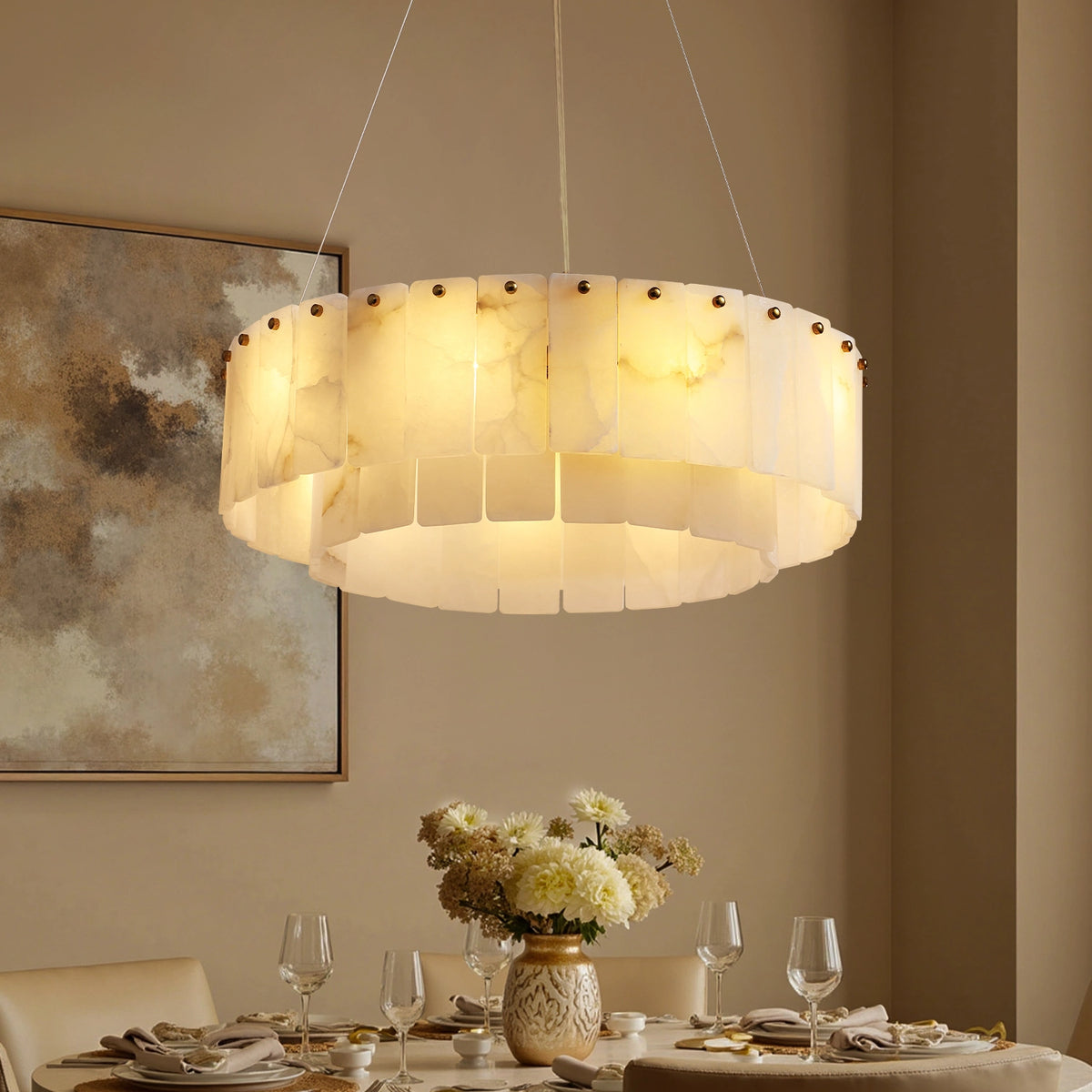 Elara Alabaster Glow Round Chandelier – Luxury Alabaster Lighting for ...