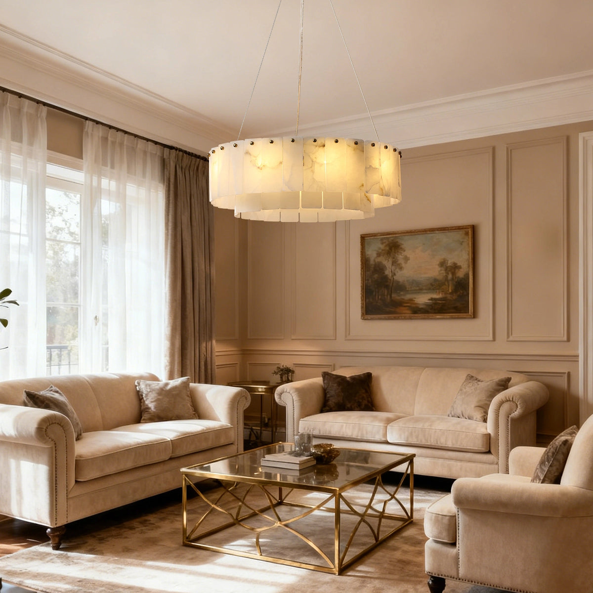Elara Alabaster Glow Round Chandelier – Luxury Alabaster Lighting for ...