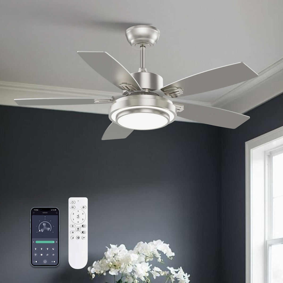Flux Modern LED Nickel Ceiling Fan With Lights & Remote For Bedroom and ...
