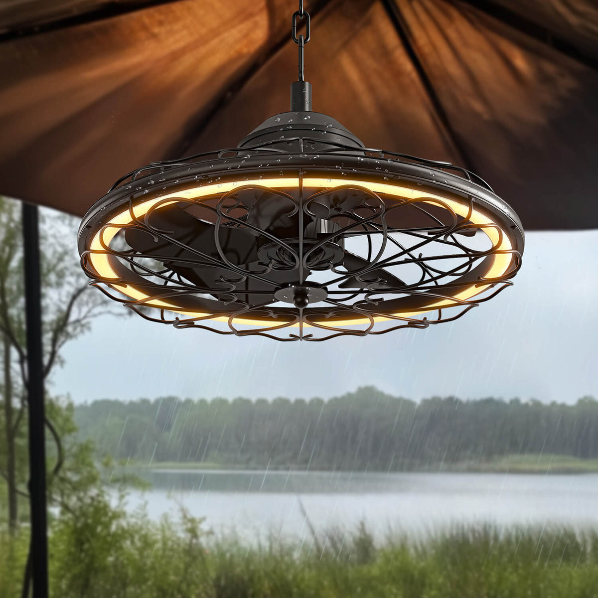 Griven Framehouse Ceiling Fan with Light and Remote– Wet-Rated Caged ...