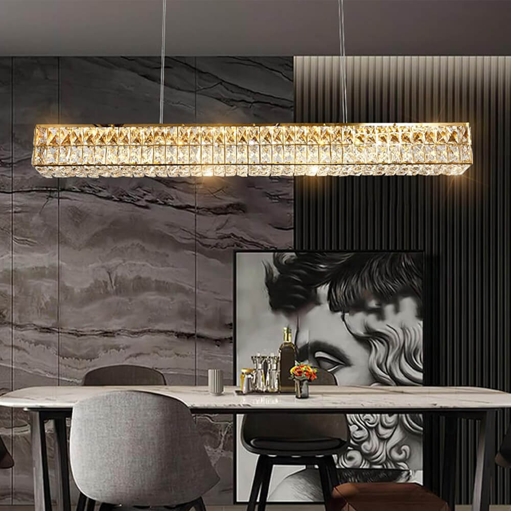 Liora Luxury Modern Gold Brass Crystal Rectangular Chandelier for Dining Room & Kitchen Island ...