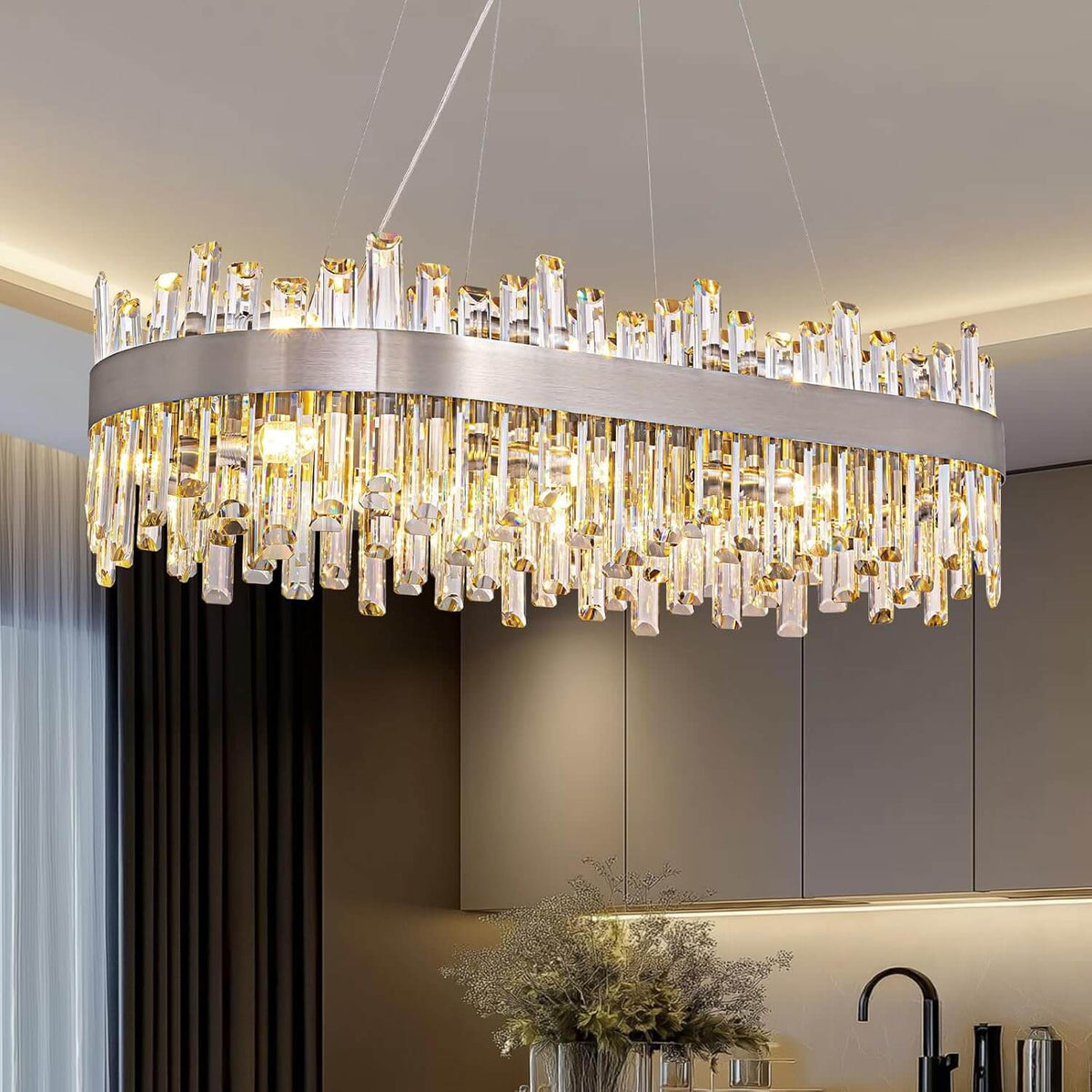 Luxora Modern Elegance Chrome Brass Crystal Rectangular Chandelier for Dining Room & Kitchen ...