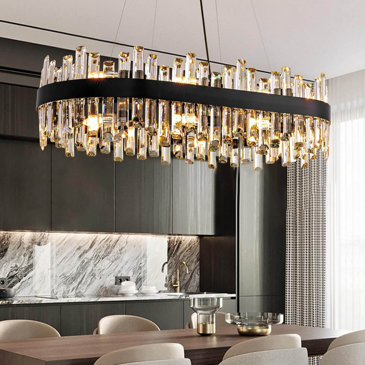 Luxora Modern Elegance Black Brass Crystal Rectangular Chandelier for Dining Room & Kitchen ...