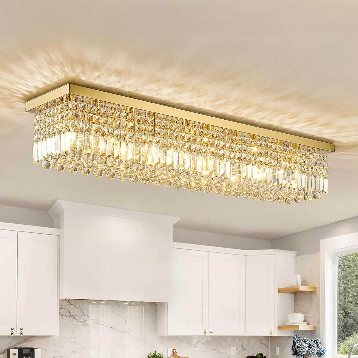 Orlina Luxury Modern Gold Brass Raindrop Crystal Rectangular Flush ...
