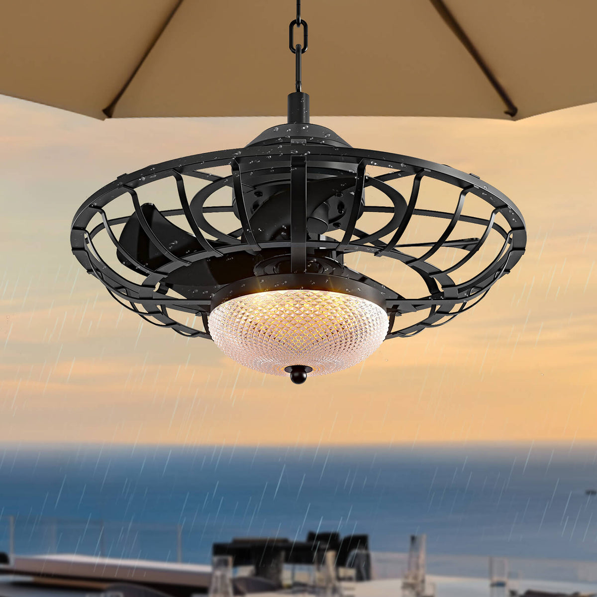 Bravon Framehouse Ceiling Fan with Light – Wet-Rated Caged Hanging Plug ...