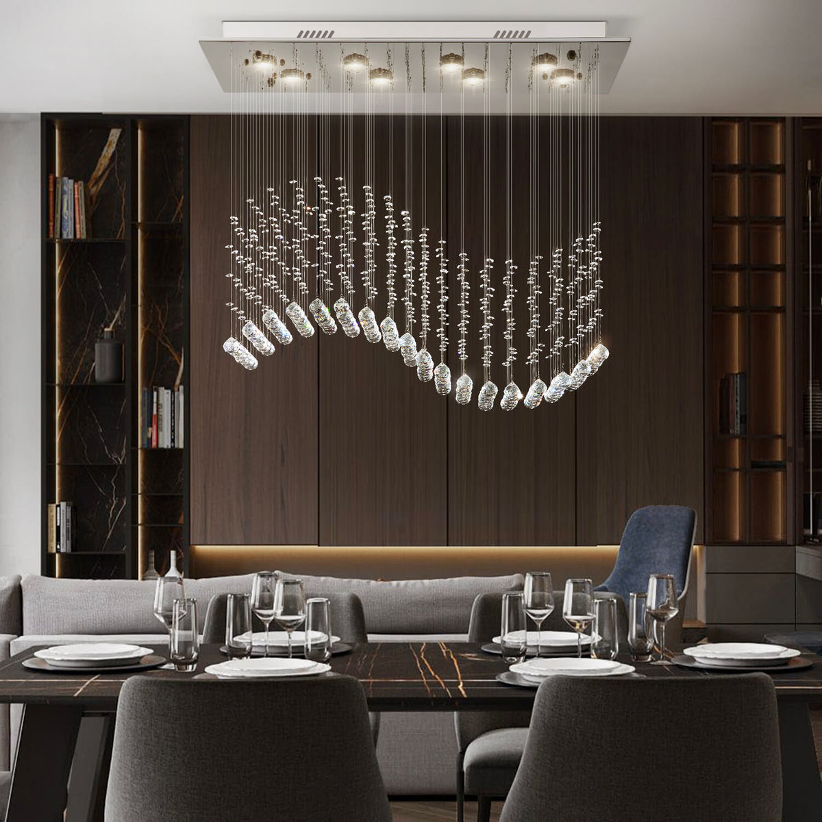 Modern Crystal Wave Chandeliers - Raindrop Rectangle Ceiling Light for Living Room | Sofary Lighting