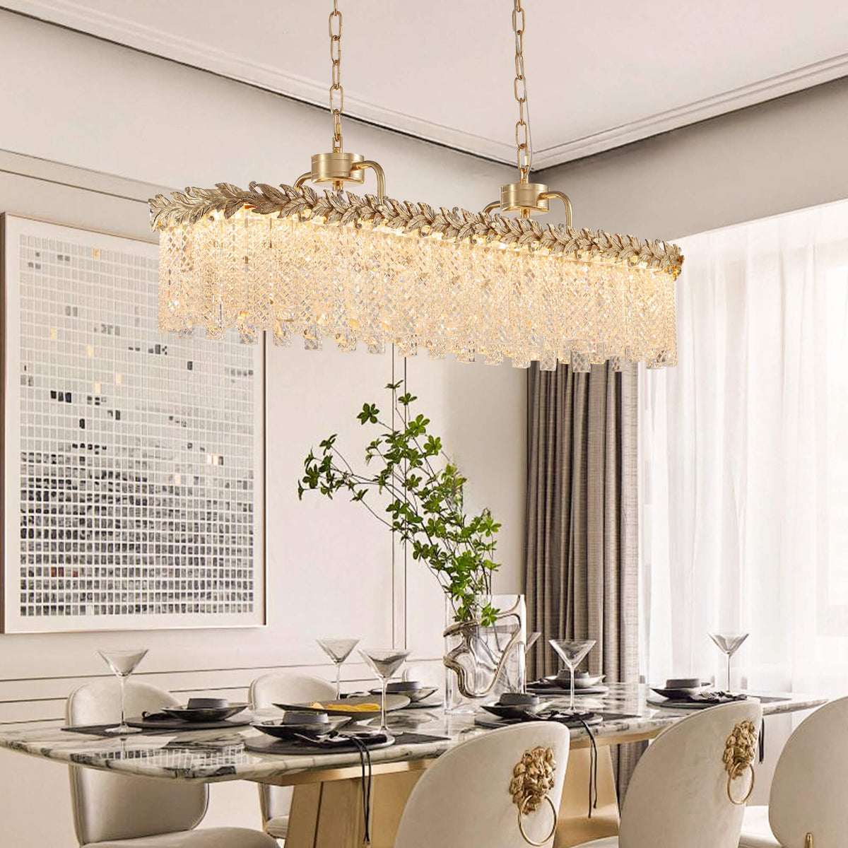 Seraphic Luxury Modern Gold Brass Crystal Rectangular Chandelier for Dining Room & Kitchen ...