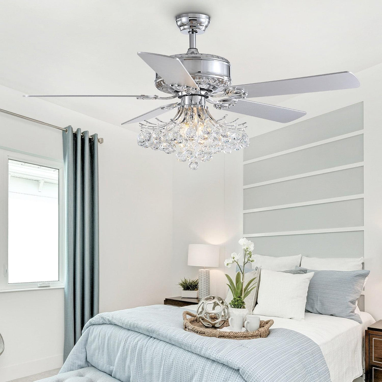 5 - Blade Raindrop Crystal Ball Ceiling Fan with Remote Control ...